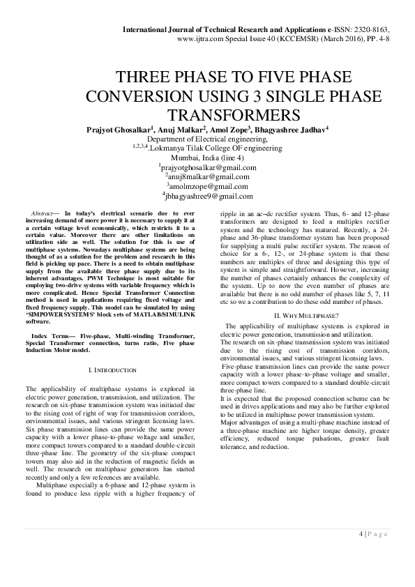 (PDF) Three Phase to Five Phase Conversion Using 3 Single Phase ...