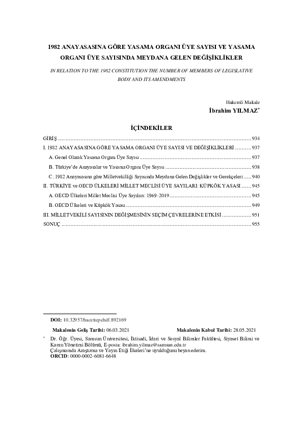 (PDF) 1982 ANAYASASINA GÖRE YASAMA ORGANI ÜYE SAYISI VE YASAMA ORGANI ...
