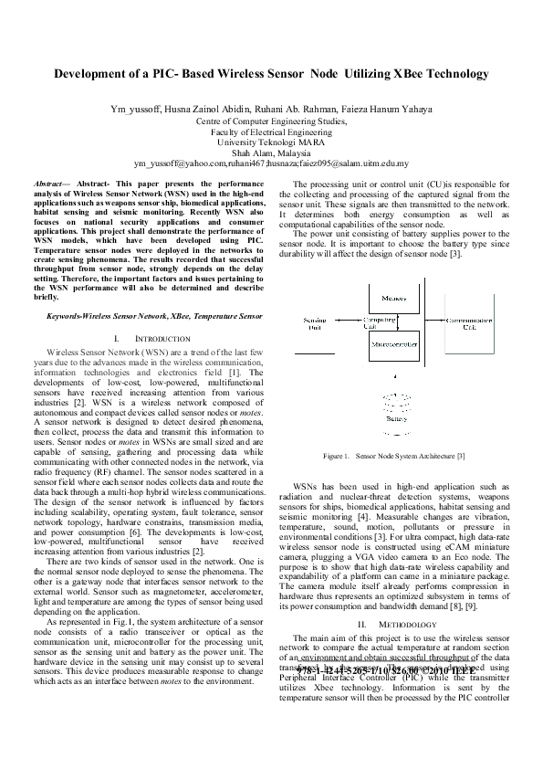 (PDF) Development of a PIC-based wireless sensor node utilizing XBee technology