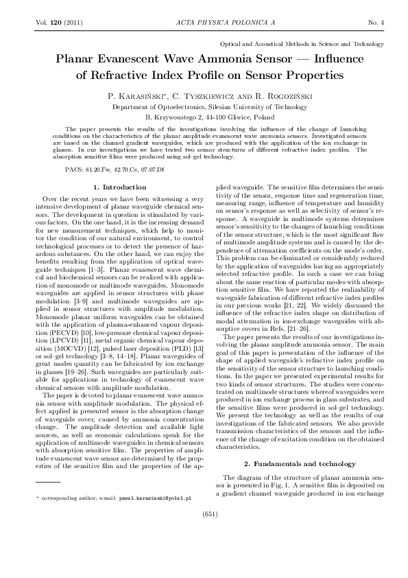 (PDF) Planar Evanescent Wave Ammonia Sensor - Influence of Refractive ...