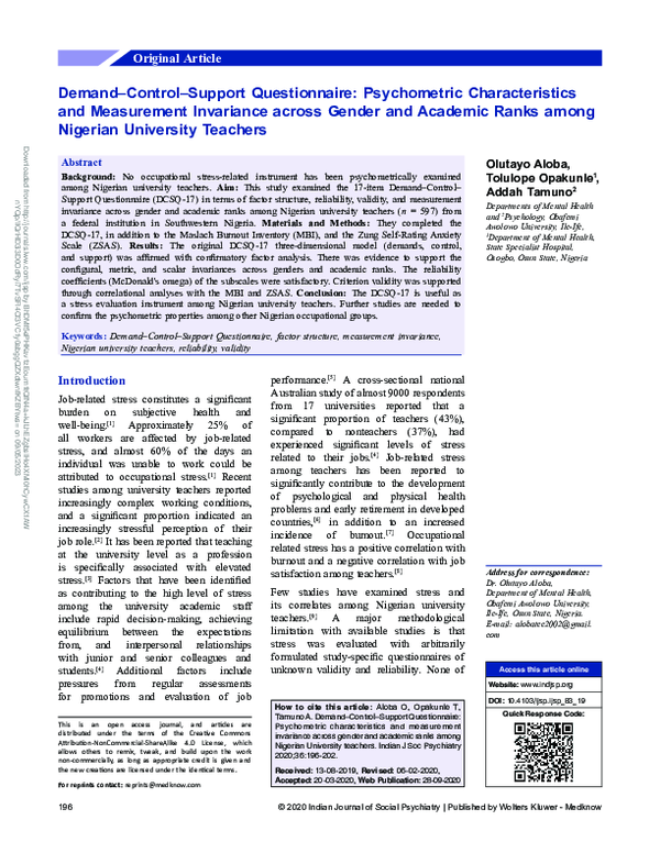 (PDF) Demand control support questionnaire psychometric.