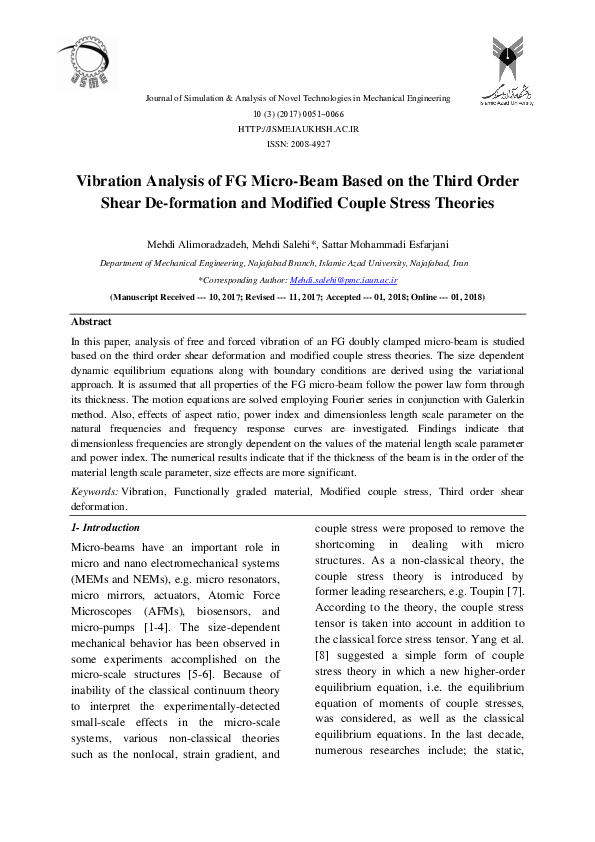 (PDF) Vibration Analysis of FG Micro-Beam Based on the Third Order Shear Deformation and ...