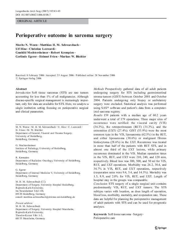 (PDF) Perioperative outcome in sarcoma surgery