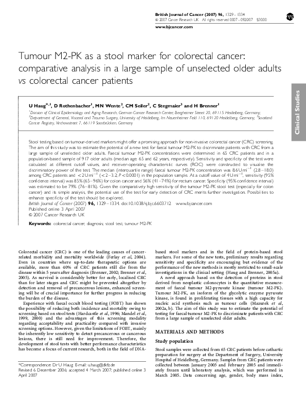 (PDF) Tumour M2-PK as a stool marker for colorectal cancer: comparative analysis in a large ...