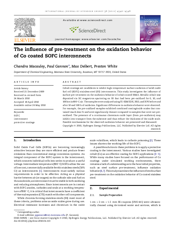 Pdf The Influence Of Pre Treatment On The Oxidation Behavior Of Co Coated Sofc Interconnects