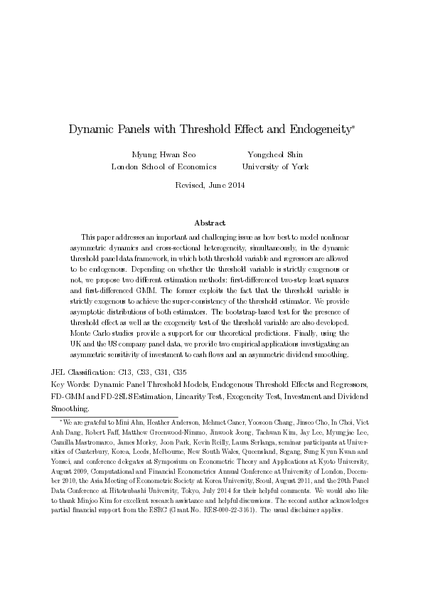 (PDF) Dynamic panels with threshold effect and endogeneity