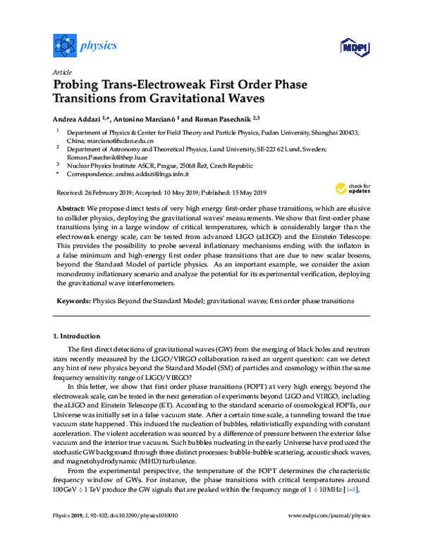 (PDF) Probing Trans-Electroweak First Order Phase Transitions from Gravitational Waves