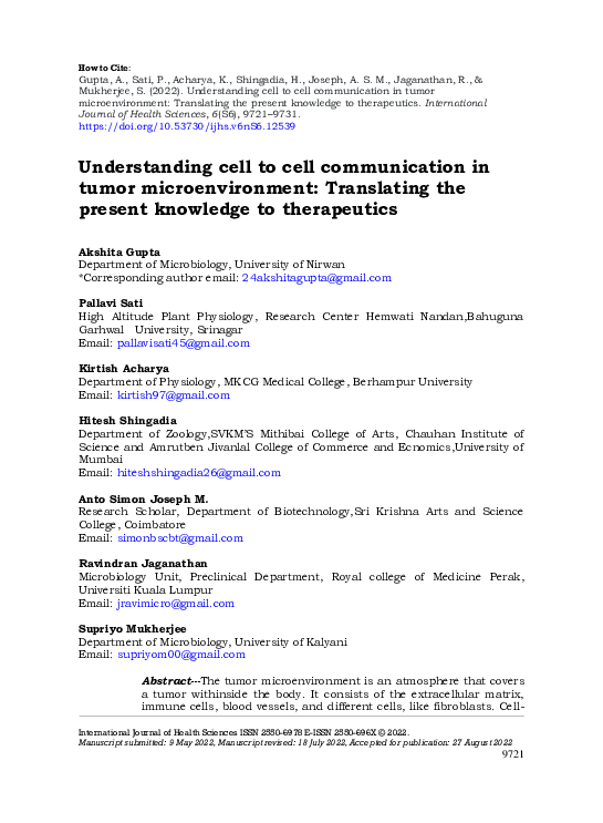 Understanding cell to cell communication in tumor microenvironment
