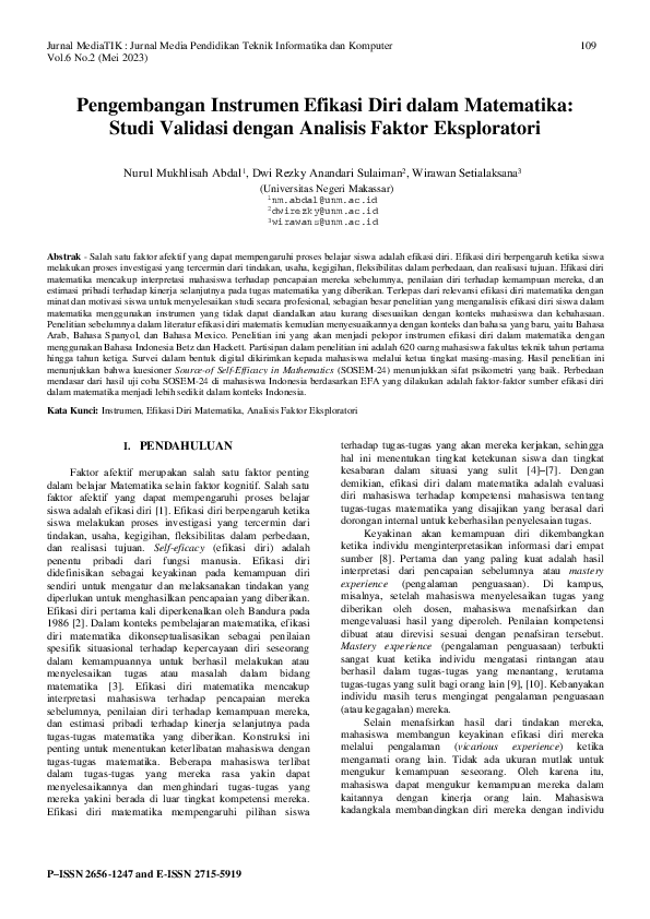 (PDF) Pengembangan Instrumen Efikasi Diri dalam Matematika: Studi Validasi dengan Analisis ...
