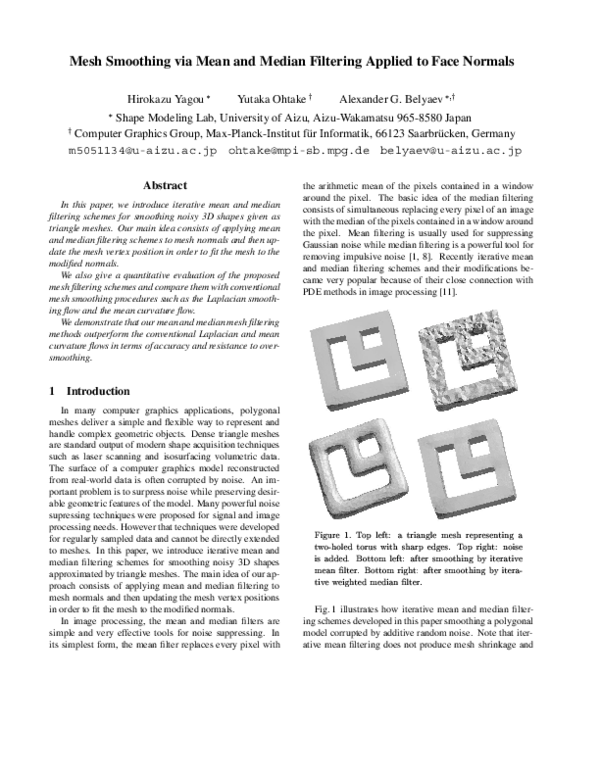 (PDF) Mesh smoothing via mean and median filtering applied to face normals