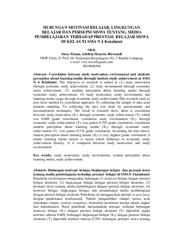 (PDF) Hubungan Motivasi Belajar, Lingkungan Belajar Dan Persepsi Siswa Tentang Media ...