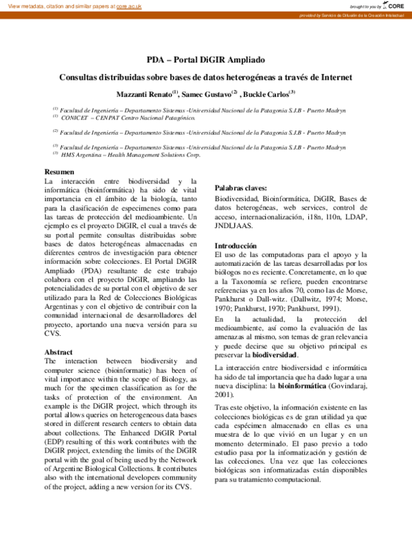 (PDF) PDA – Portal DiGIR Ampliado : Consultas distribuidas sobre bases de datos heterogéneas a ...