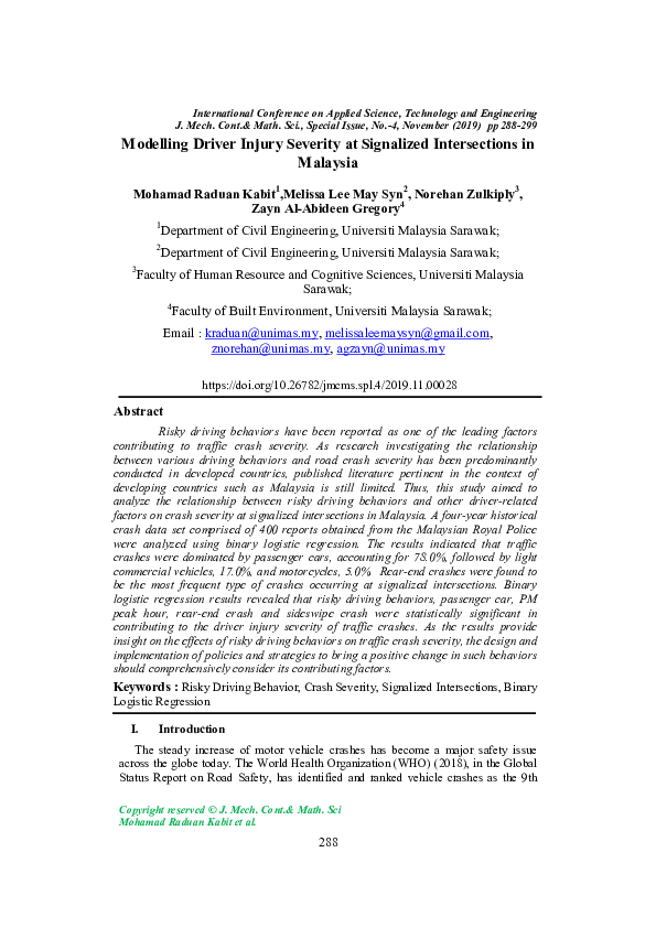 (PDF) Modelling Driver Injury Severity at Signalized Intersections in ... (PDF) Modelling Driver Injury Severity at Signalized Intersections in ...