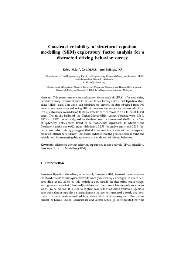 Pdf Construct Reliability Of Structural Equation Modelling Sem Exploratory Factor Analysis