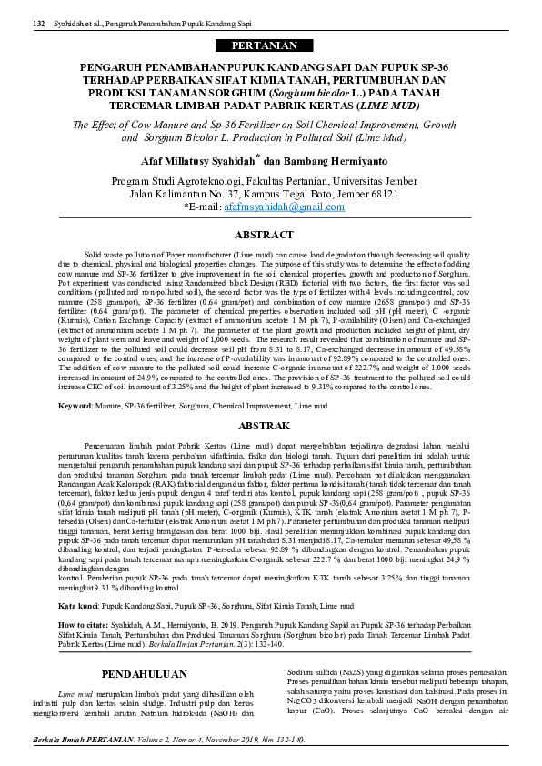 (PDF) PENGARUH PENAMBAHAN PUPUK KANDANG SAPI DAN PUPUK SP-36 TERHADAP PERBAIKAN SIFAT KIMIA ...