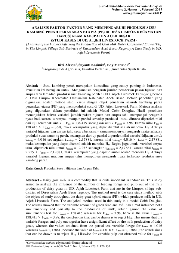 (PDF) Analisis Faktor-Faktor Yang Mempengaruhi Produksi Susu Kambing Perah Peranakan Etawa (PE ...
