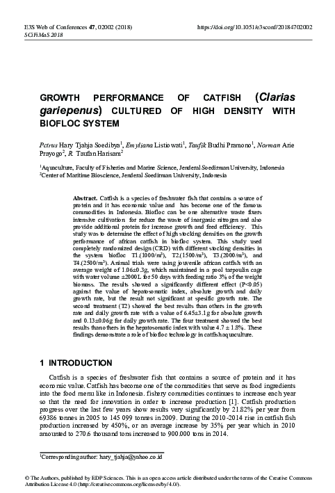 (PDF) Growth Performance of Catfish (Clarias gariepenus) Cultured of ...
