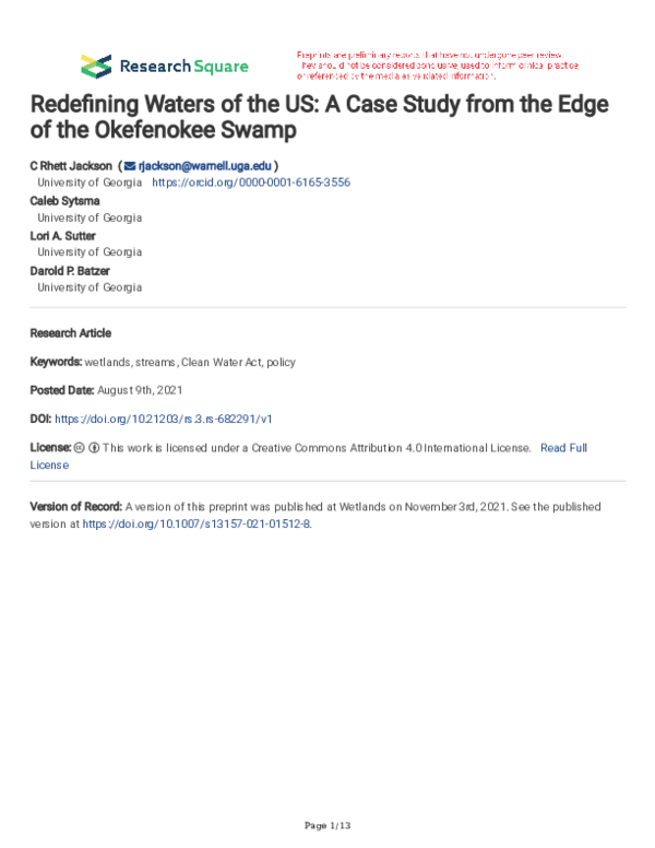 (PDF) Redefining Waters of the US: A Case Study from the Edge of the Okefenokee Swamp
