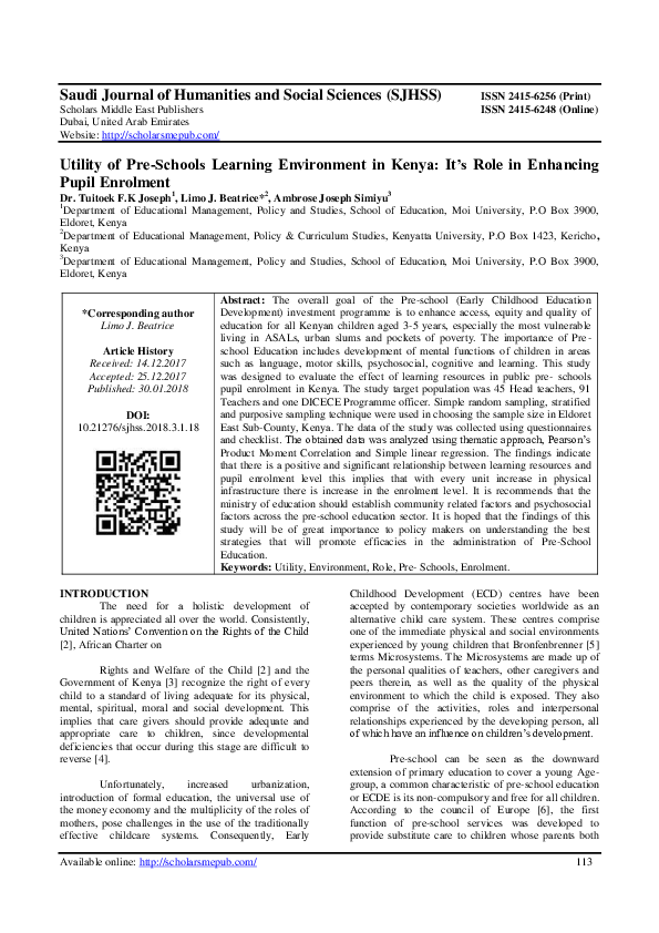 (PDF) Utility of Pre-Schools Learning Environment in Kenya : It ’ s ...