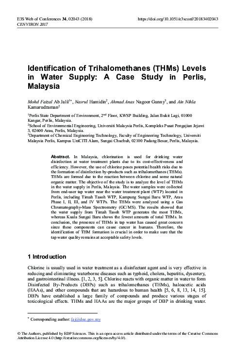 (PDF) Identification of Trihalomethanes (THMs) Levels in Water Supply: A Case Study in Perlis ...