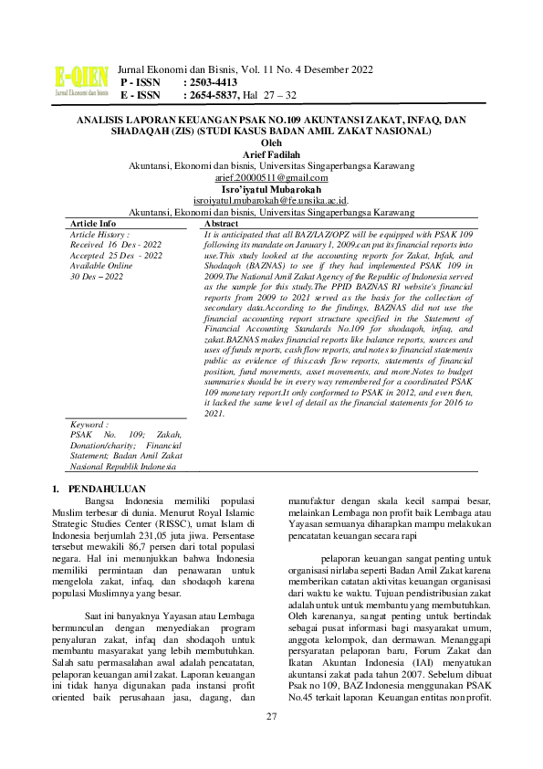 (PDF) Analisis Laporan Keuangan Psak NO.109 Akuntansi Zakat, Infaq, Dan ...