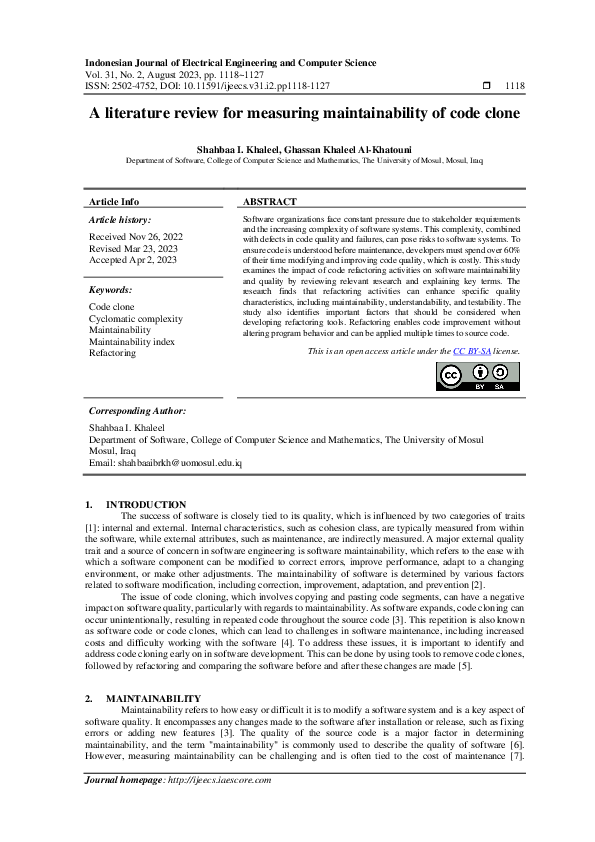 (PDF) A literature review for measuring maintainability of code clone