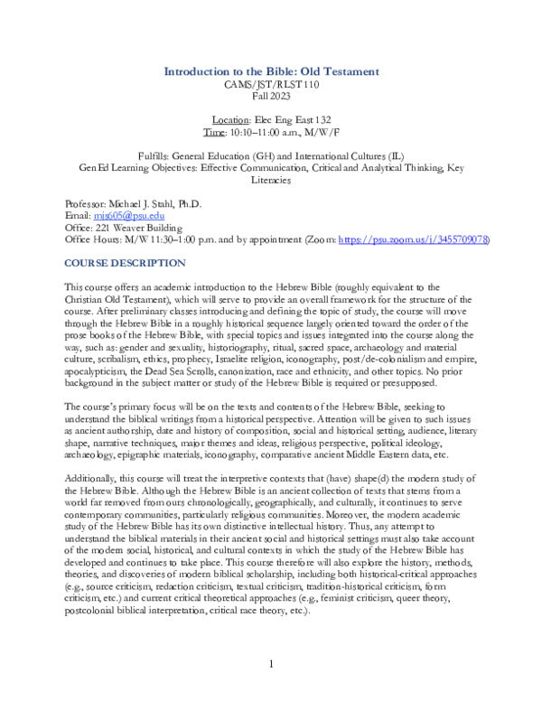 (PDF) The Hebrew Bible/Old Testament (CAMS/JST/RLST 110) Syllabus
