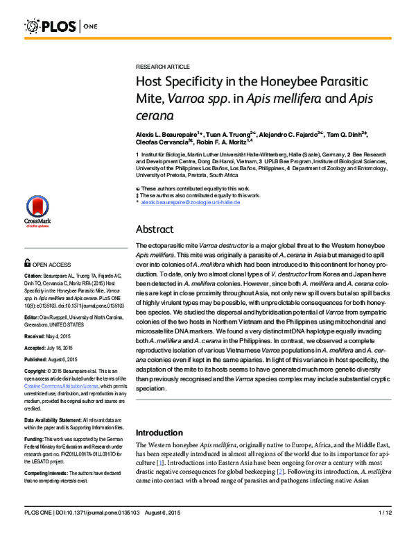 (PDF) Host Specificity in the Honeybee Parasitic Mite, Varroa spp. in ...