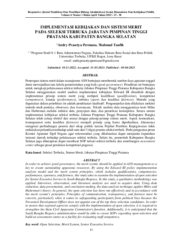 (PDF) Implementasi Kebijakan Dan Sistem Merit Pada Seleksi Terbuka Jabatan Pimpinan Tinggi ...