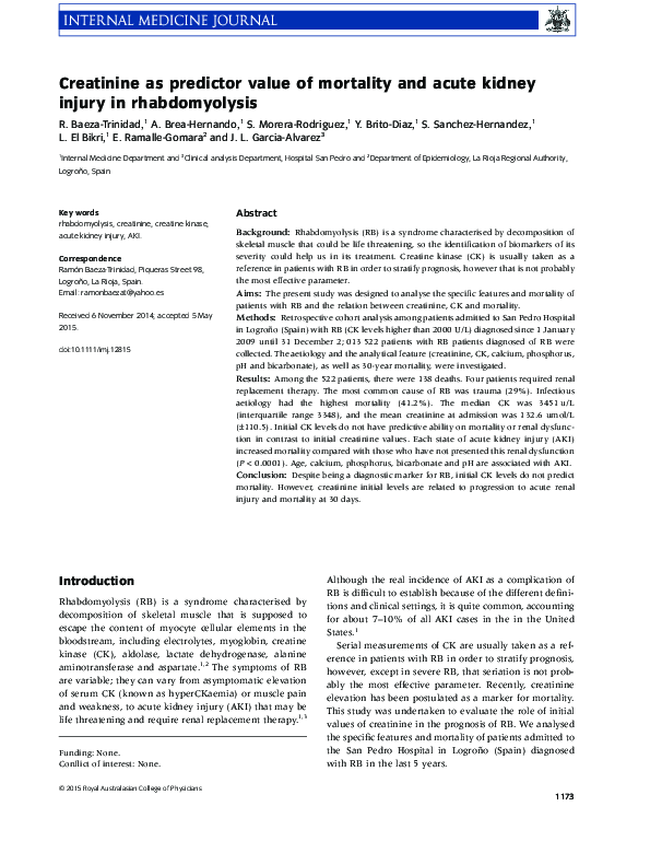 (PDF) Creatinine as predictor value of mortality and acute kidney ...
