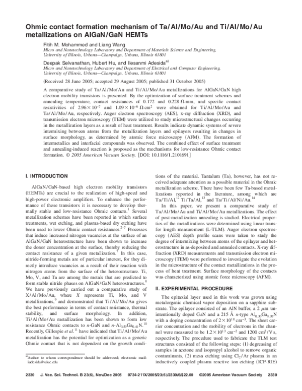 (PDF) Ohmic contact formation mechanism of Ta∕Al∕Mo∕Au and Ti∕Al∕Mo∕Au metallizations on AlGaN∕ ...