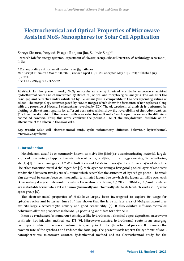 (PDF) Electrochemical and Optical Properties of Microwave Assisted MoS2 Nanospheres for Solar ...