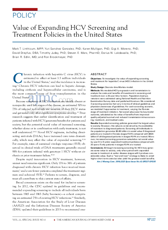 (PDF) Value of expanding HCV screening and treatment policies in the ...