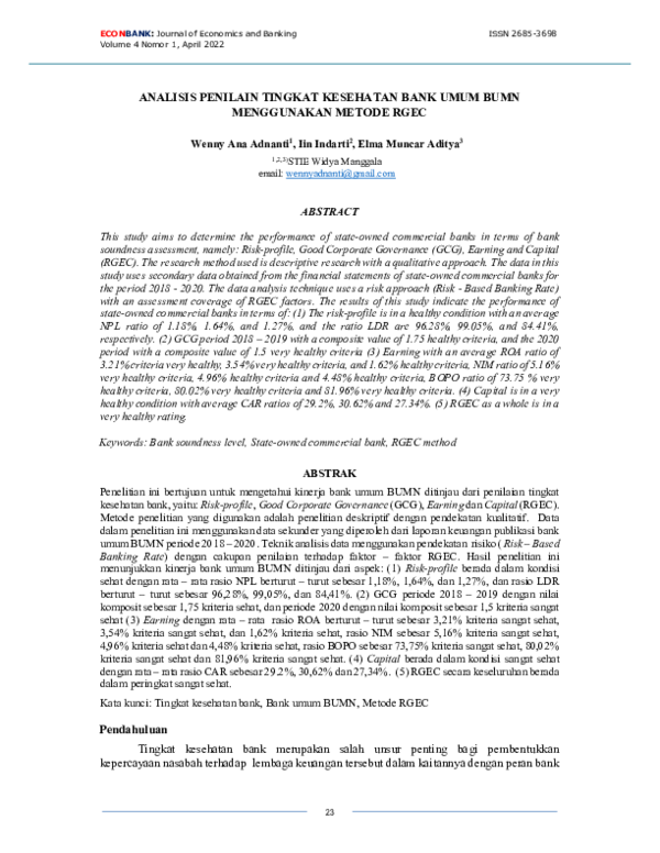 (PDF) Analisis Penilaian Tingkat Kesehatan Bank Umum BUMN Menggunakan Metode RGEC