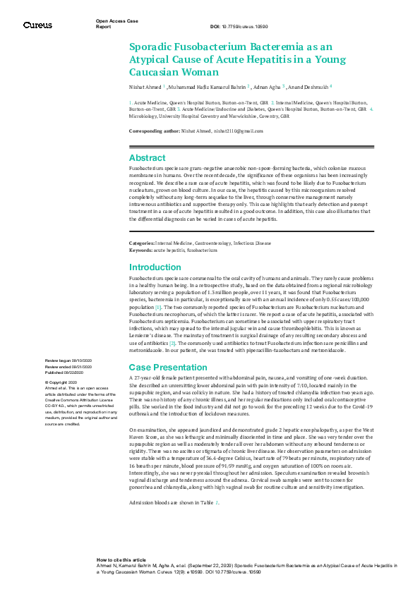 (PDF) Sporadic Fusobacterium Bacteremia as an Atypical Cause of Acute Hepatitis in a Young ...