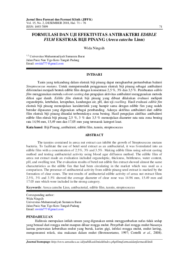 (PDF) FORMULASI DAN UJI EFEKTIVITAS ANTIBAKTERI EDIBLE FILM EKSTRAK ...