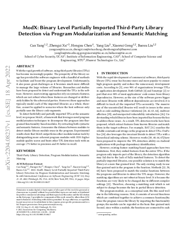 (PDF) Modx: Binary Level Partial Imported Third-Party Library Detection through Program ...