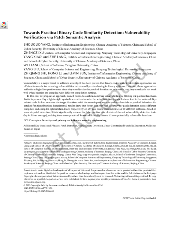 (PDF) Towards Practical Binary Code Similarity Detection: Vulnerability Verification via Patch ...