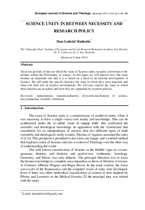 (PDF) Science Unity in Between Necessity and Research Policy