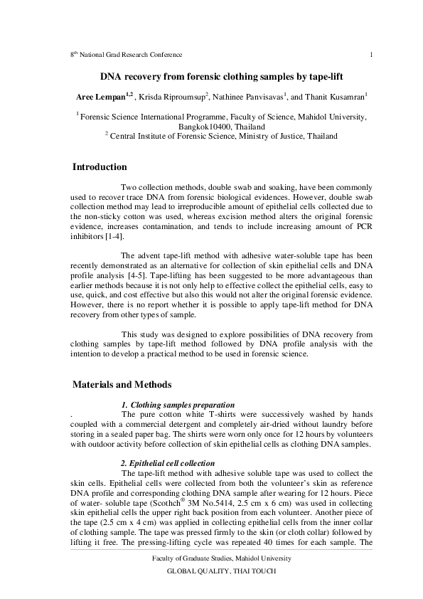 (PDF) DNA recovery from forensic clothing samples by tape-lift
