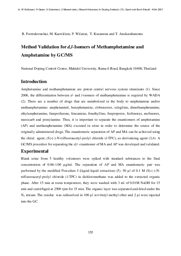 (PDF) Method Validation for d,l-Isomers of Methamphetamine and Amphetamine by GC/MS