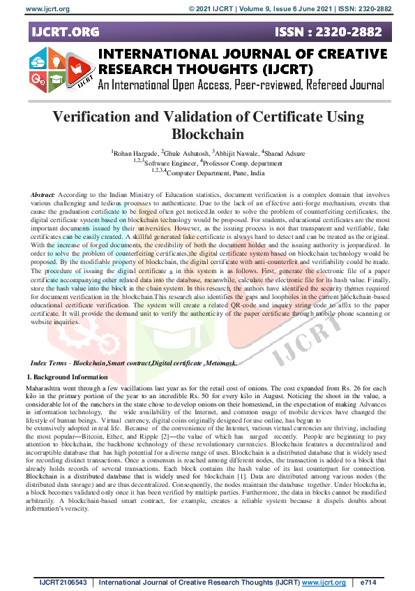 Pdf Verification And Validation Of Certificate Using Blockchain