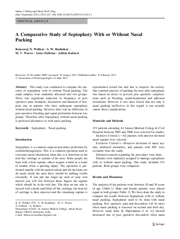 (PDF) A Comparative Study of Septoplasty With or Without Nasal Packing ...