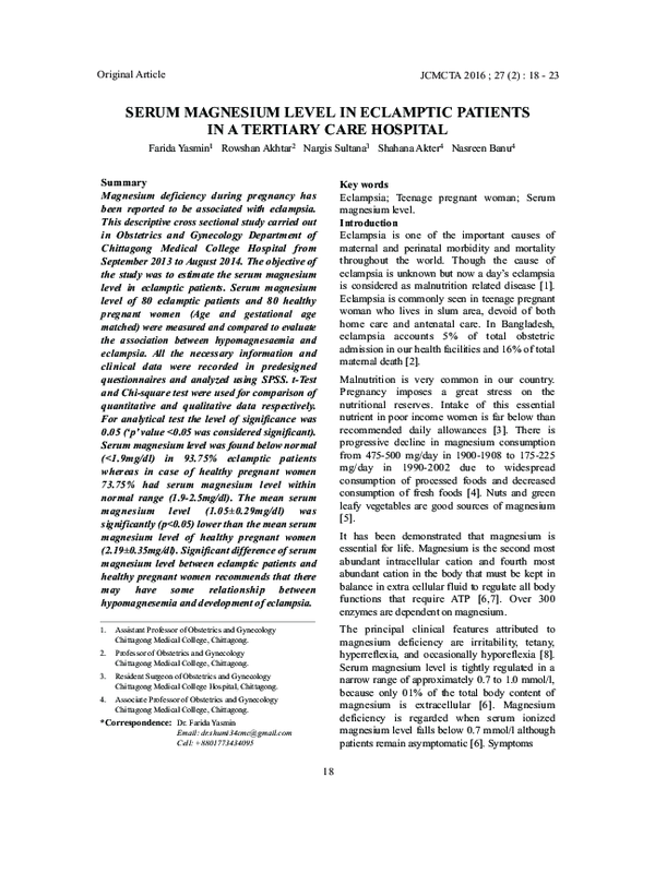 (PDF) Serum Magnesium Level in Eclamptic Patients In a Tertiary Care ...