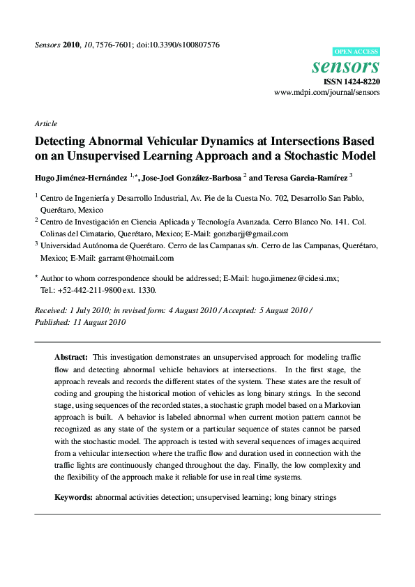 (PDF) Detecting Abnormal Vehicular Dynamics at Intersections Based on an Unsupervised Learning ...