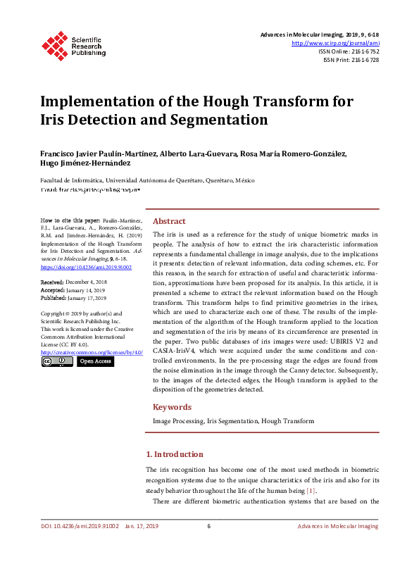(PDF) Implementation of the Hough Transform for Iris Detection and Segmentation