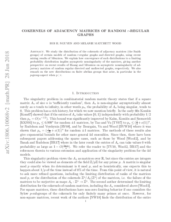 Pdf Cokernels Of Adjacency Matrices Of Random R Regular Graphs