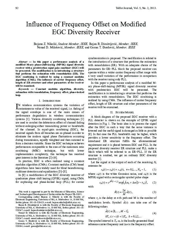 (PDF) Influence of frequency offset on modified EGC diversity receiver