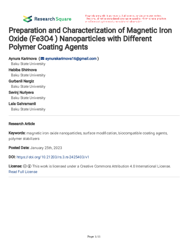 (PDF) Preparation and Characterization of Magnetic Iron Oxide (Fe3O4 ) Nanoparticles with ...