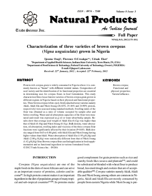 (PDF) Characterization of three varieties of brown cowpeas (Vigna unguiculata) grown in Nigeria